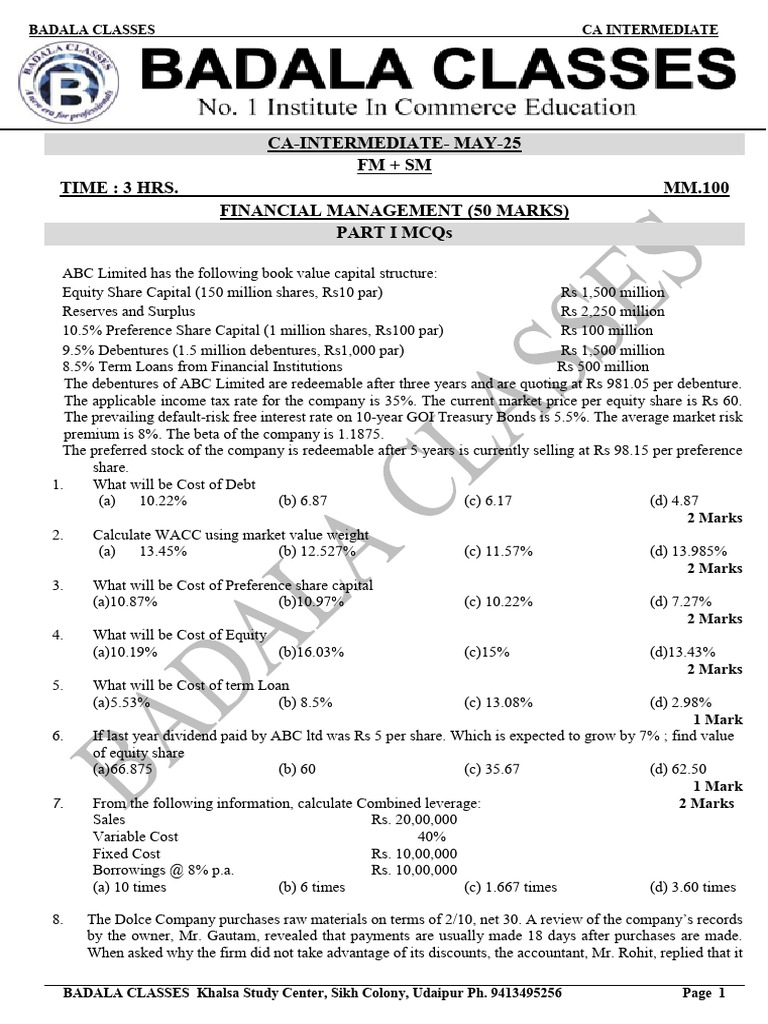 14-04-25 Question Paper FM+SM | PDF | Mergers And Acquisitions ...