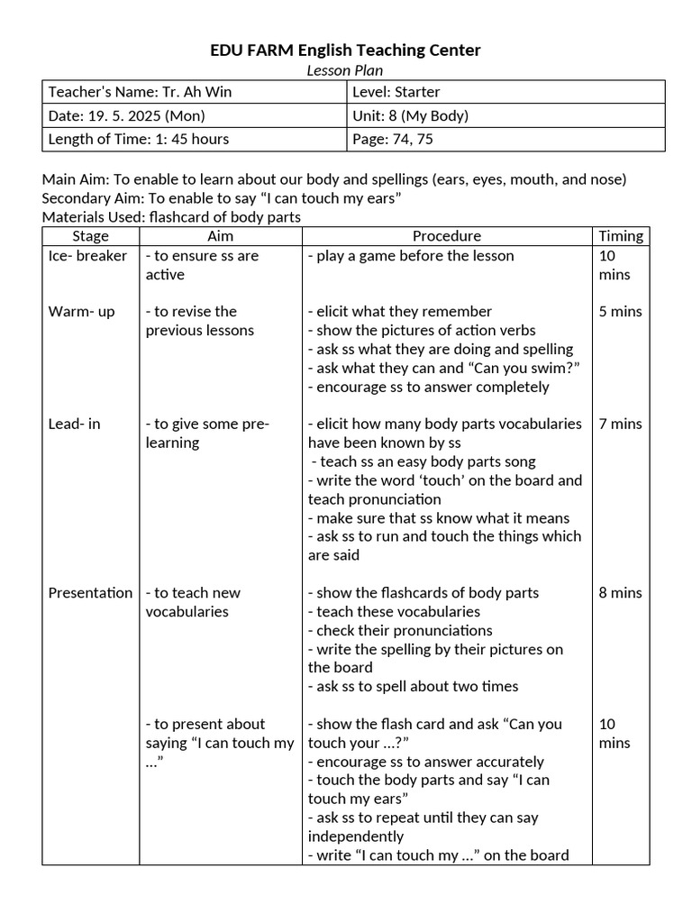 Body Parts Lesson Plan for Starters | PDF | Flashcard | Learning