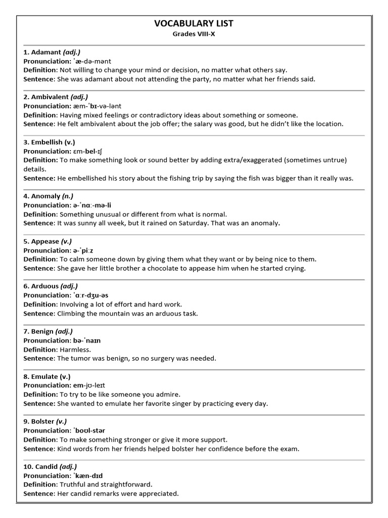 Vocabulary List | PDF