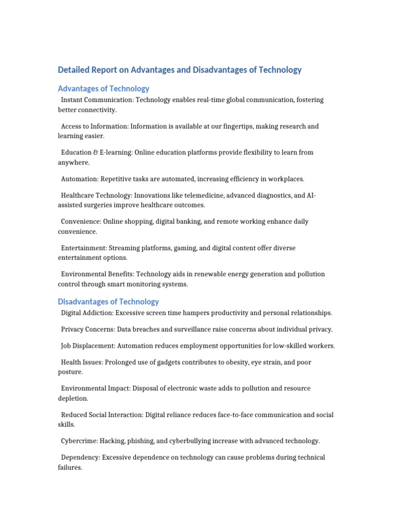 Proper Two Page Report On Advantages and Disadvantages of Technology | PDF