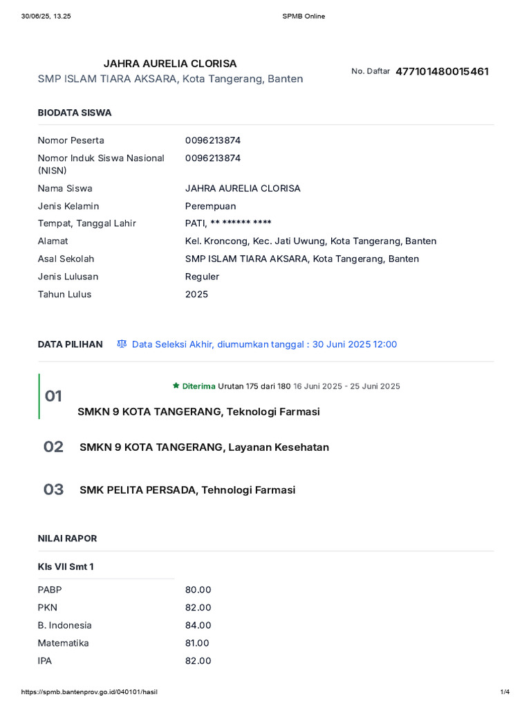 Biodata Siswa Jahra Aurelian Clorisa | PDF