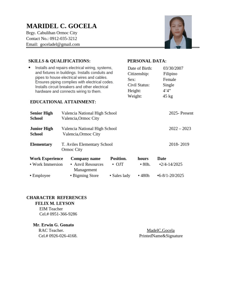 Electrical Skills Resume of Maridel Gocela | PDF