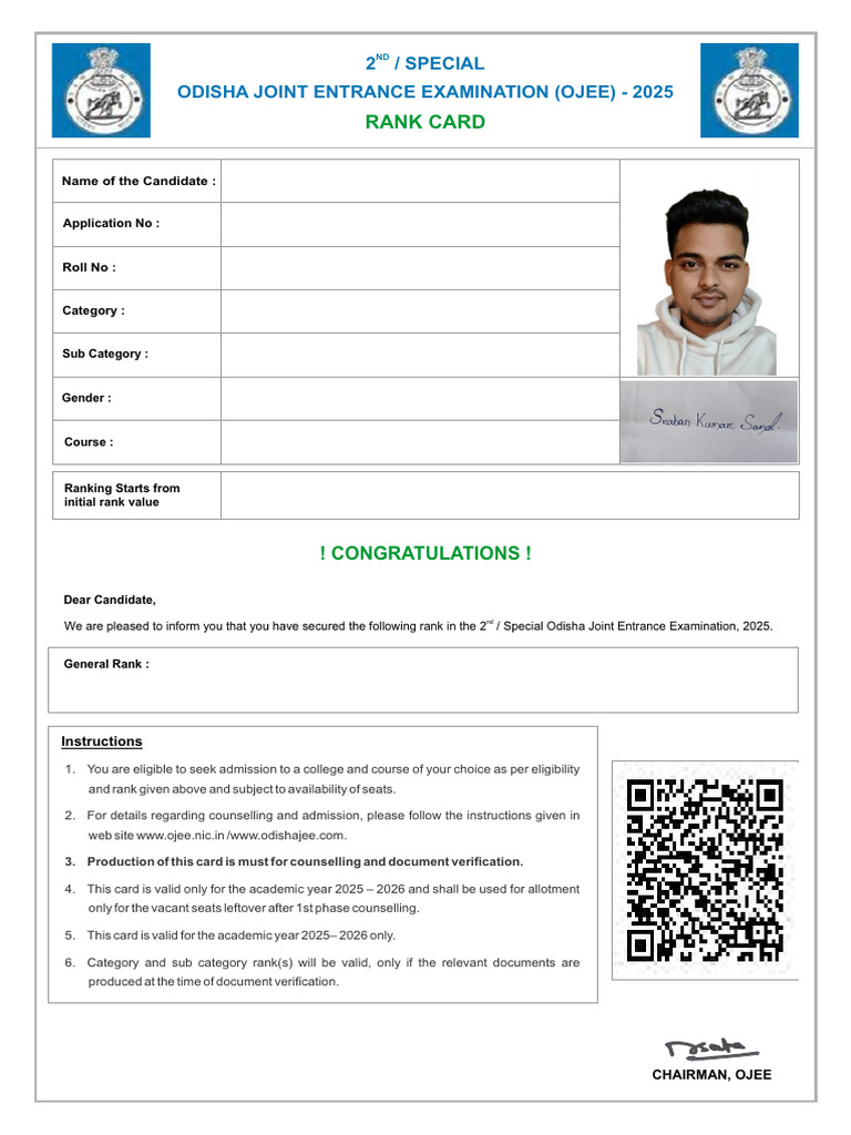 Rank Card: 2 / Special Odisha Joint Entrance Examination (Ojee) - 2025 | PDF