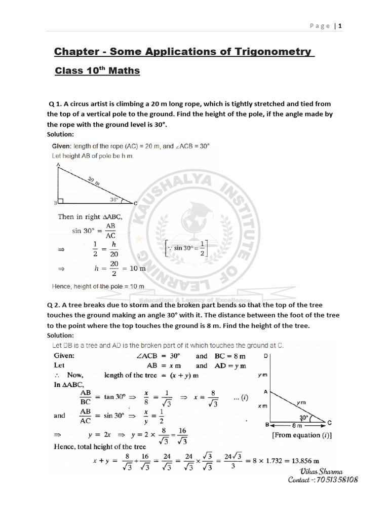 Application of Trignometry | PDF | Height | Angle