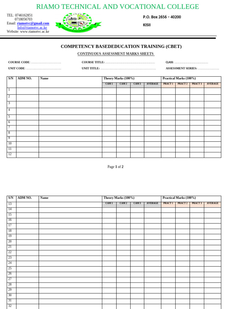 CBET Continuous Assessment Marks Sheet | PDF