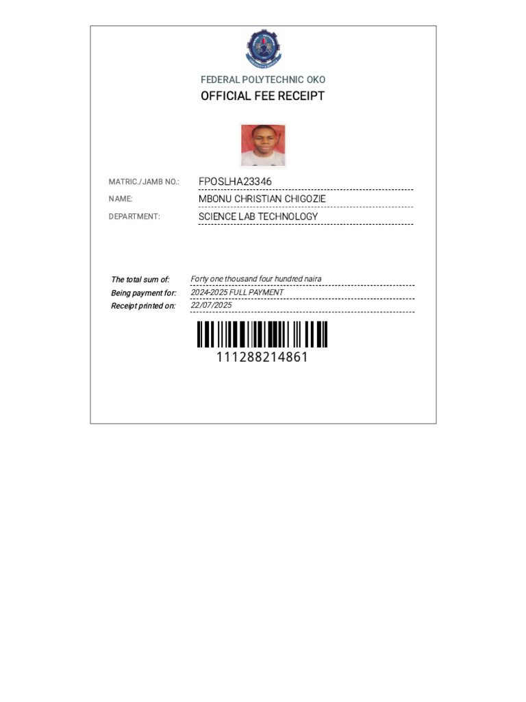 Mbonu Christian School Fees Receipt | PDF