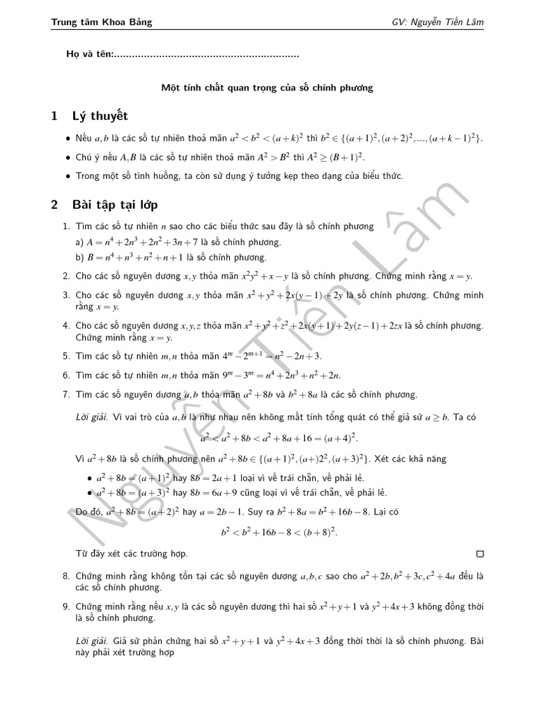 Bai Tap So Hoc Lop 9 So 2 (So Chinh Phuong) | PDF