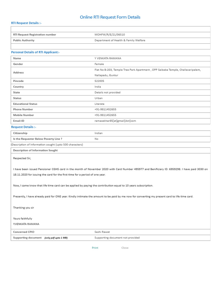 RTI Online - Request - Appeal Form Details | PDF