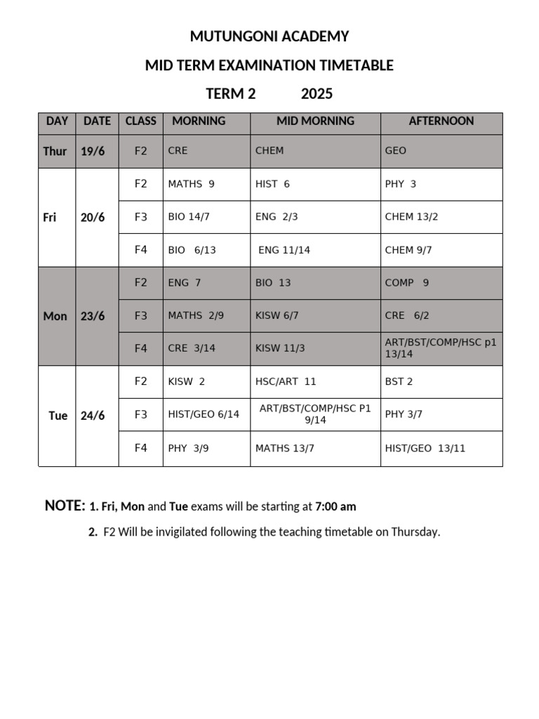 Mid Term Exam Timetable | PDF