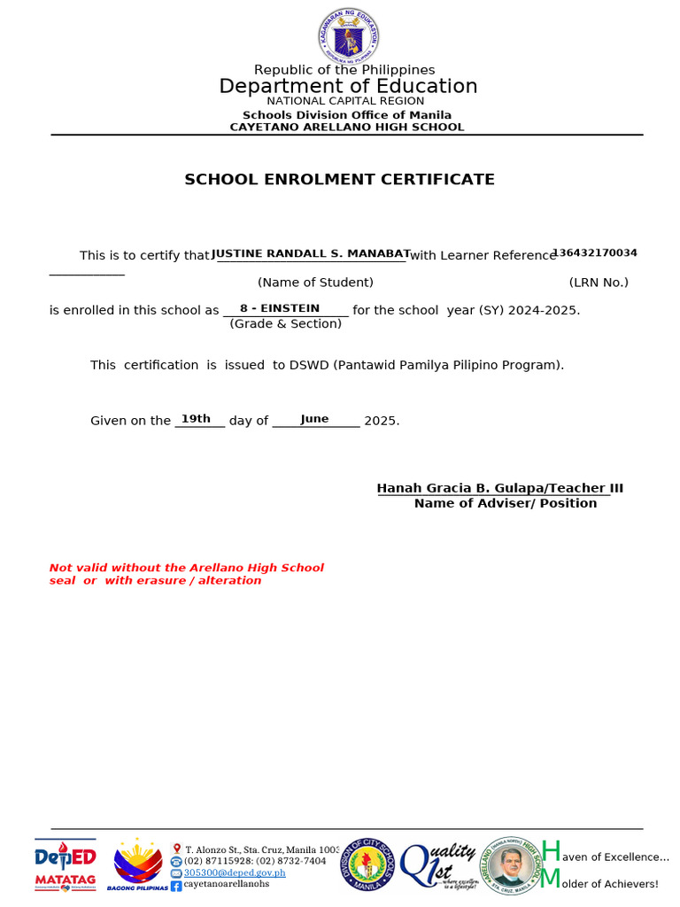 Certificate of Enrolment New Template 4Ps | PDF