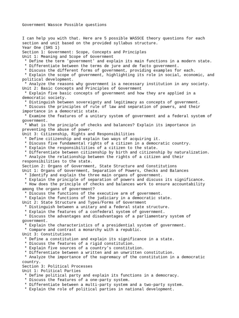 Government Wassce Possible Questions | PDF | State (Polity) | Democracy