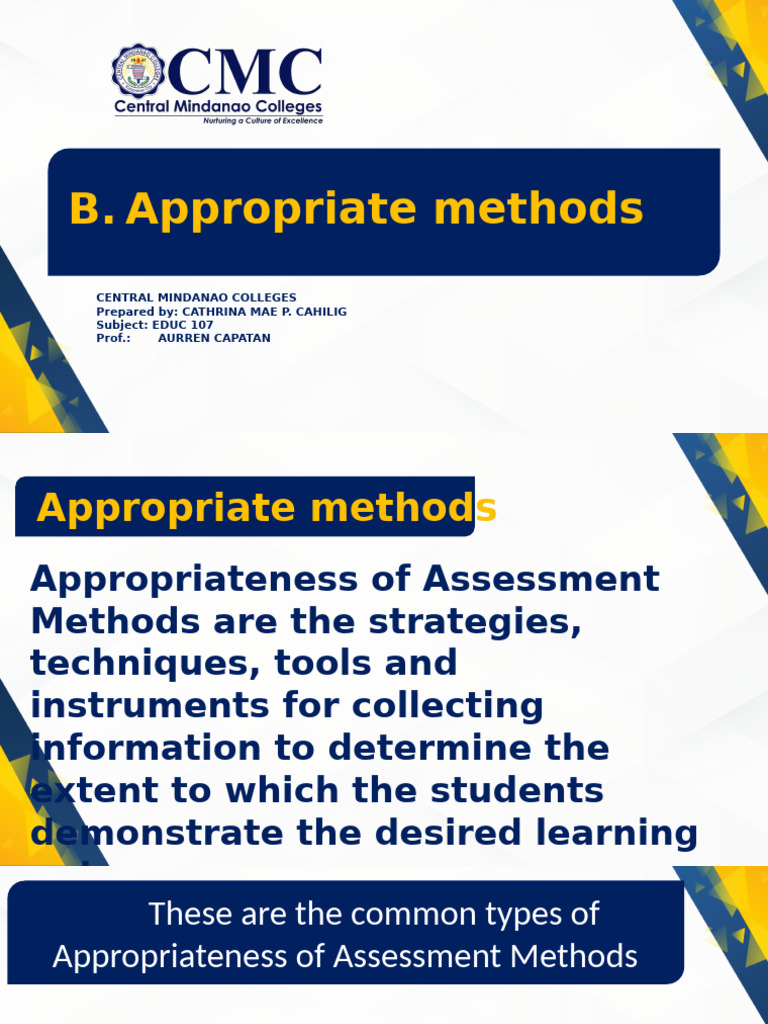EDUC 107 - B. Approriate Methods | PDF | Self Report Study | Educational Assessment