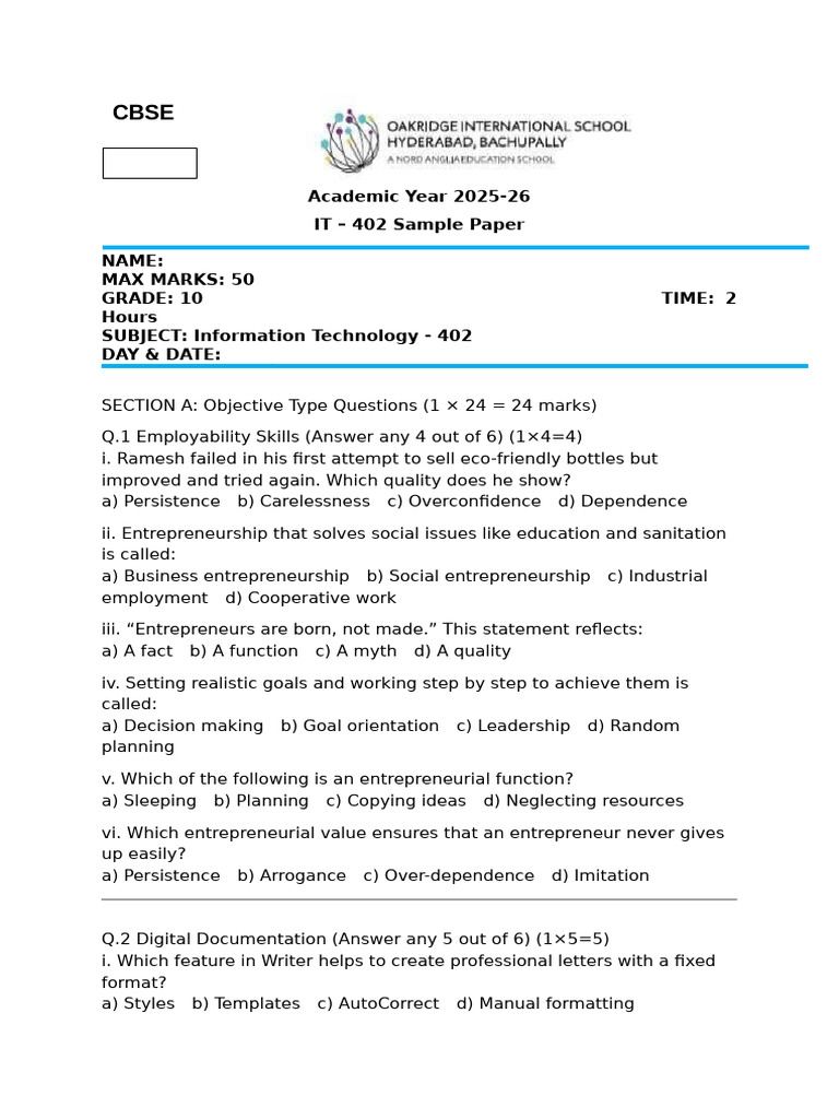 IT-402 Sample Paper for Grade 10 | PDF | Entrepreneurship | Spreadsheet