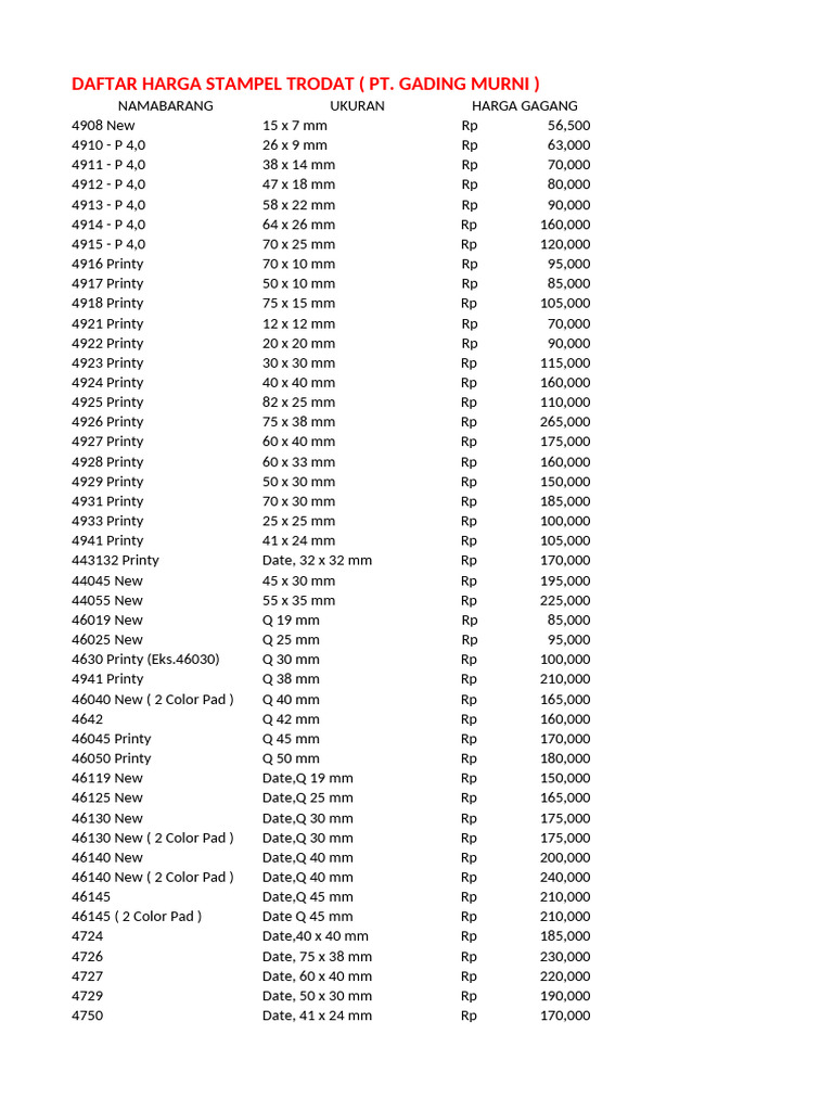 Daftar Harga Stempel Trodat Gading Murni | PDF
