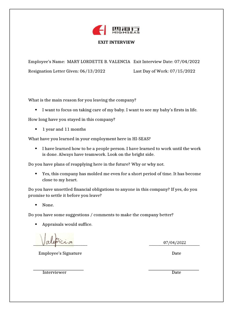Exit Interview Summary for Mary Valenzuela | PDF