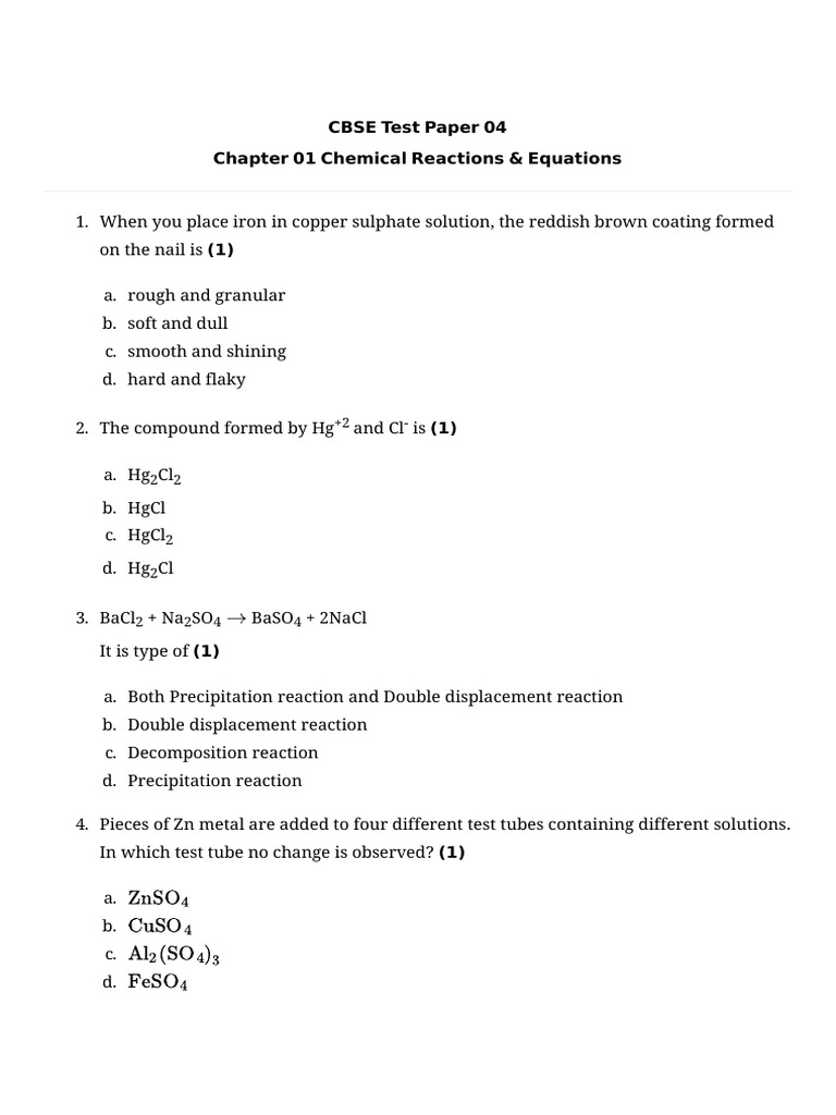 CBSE Class 10 Chemistry Test Paper | PDF | Silver | Chemical Reactions