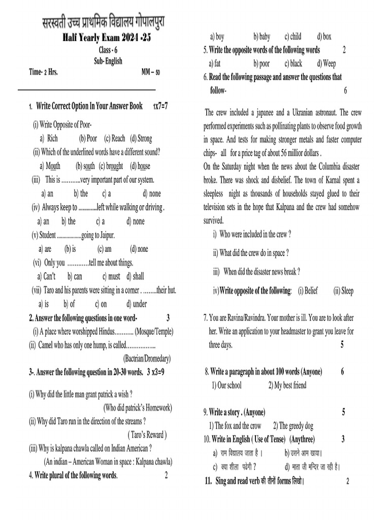 6th Class Paper | PDF