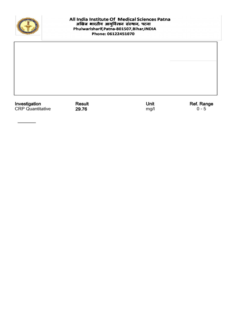 Department of Biochemistry: Investigation Result Unit Ref. Range CRP ...