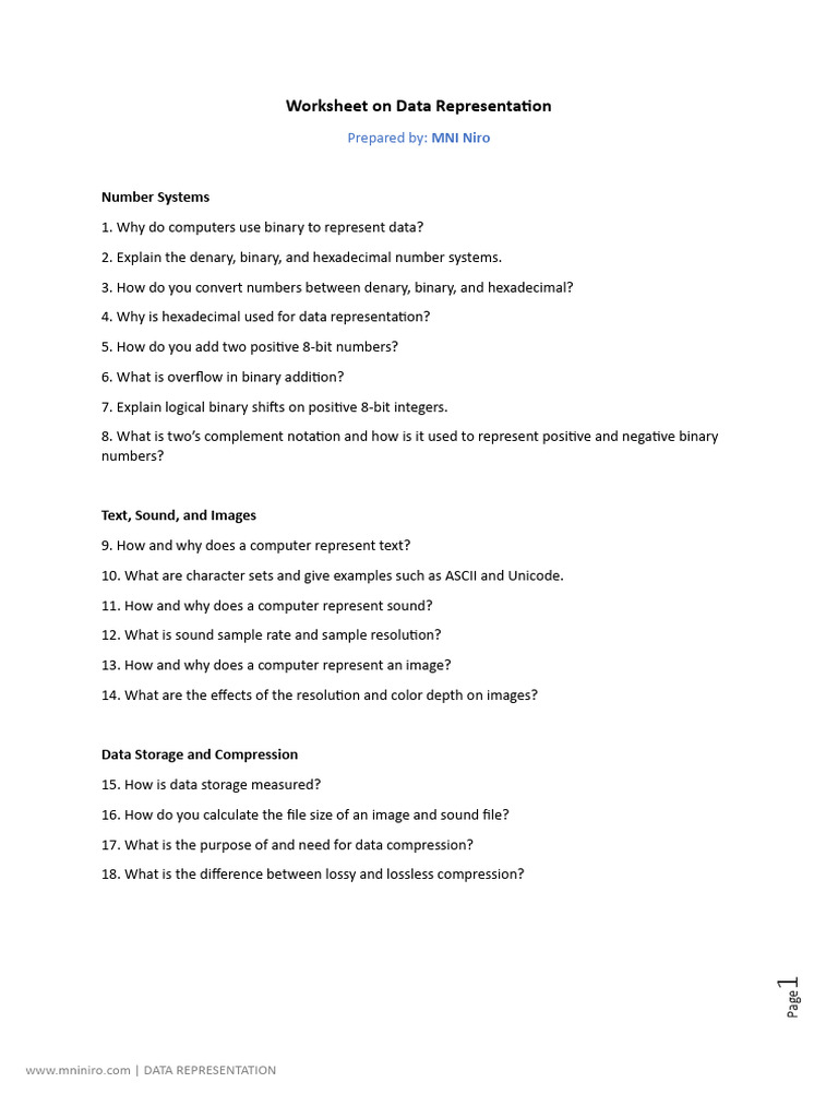 Worksheet On Data Representation | PDF | Data Compression | Computing