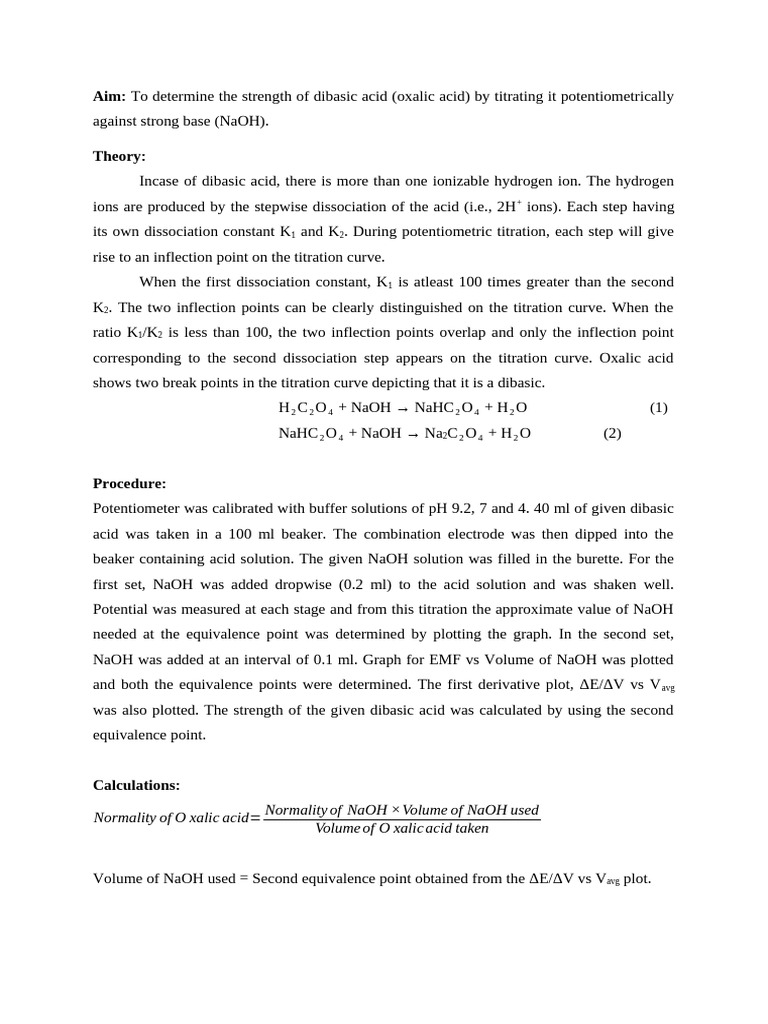 Dibasic Acid Vs Strong Base Potentiometric Titration | PDF | Titration ...