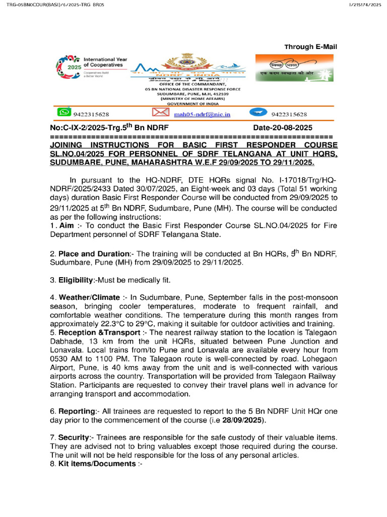 Joining Instructions To 4th Batch BFRC From 29-09-2025 - 5th BN NDRF ...