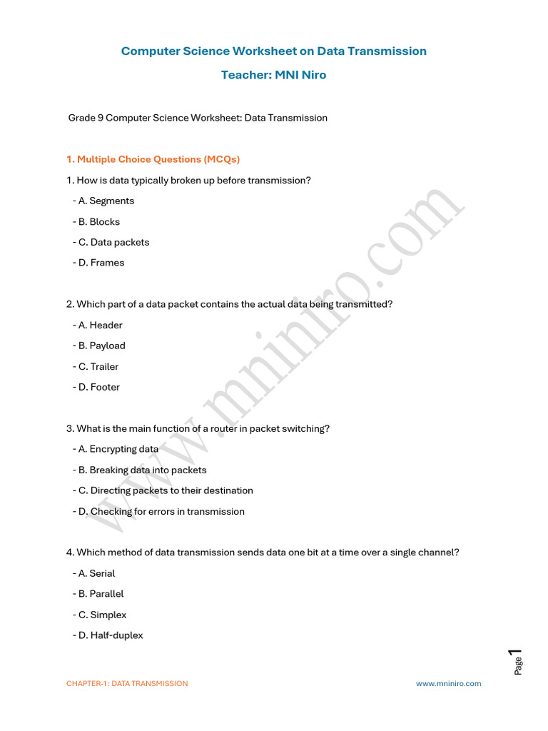 Worksheet On Data Transmission-2024 | PDF | Duplex (Telecommunications ...