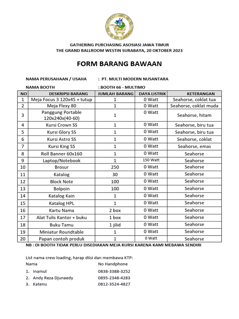Form List Barang Bawaan Gathering Pas Jatim 2023 - PT Multi Modern ...