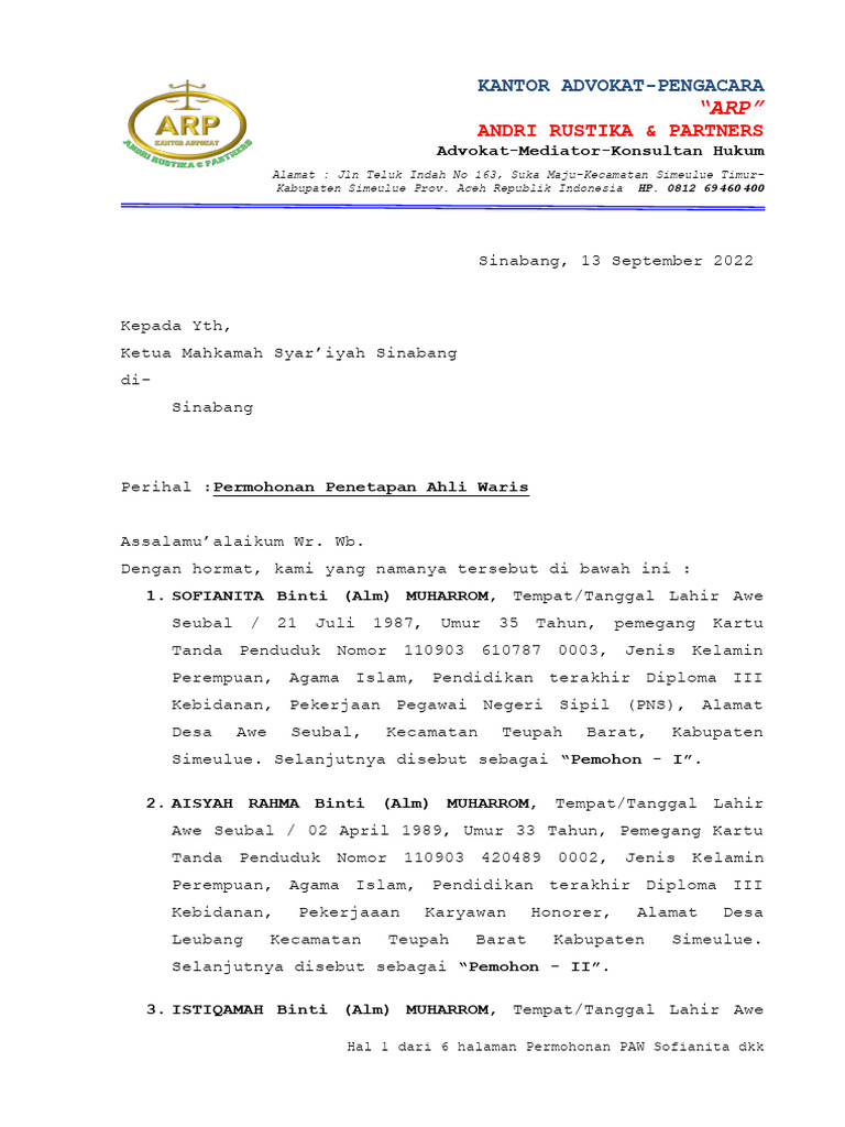 Permohonan Penetapan Ahli Waris Aceh | PDF