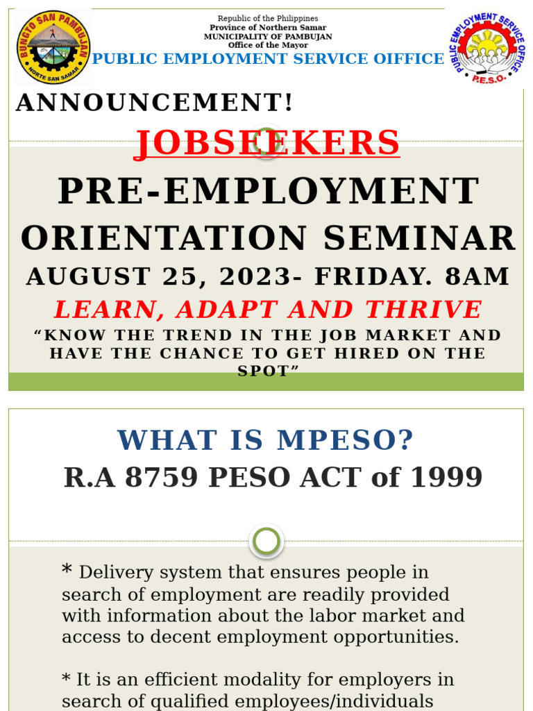 MPESO Jobseeker Orientation Seminar | PDF | Employment | Unemployment ...