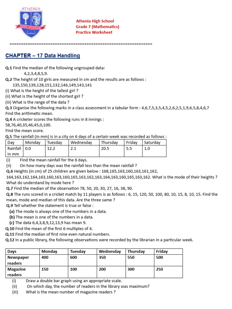 Grade 7 Math Data Handling Worksheet | PDF | Newspapers | Mathematics