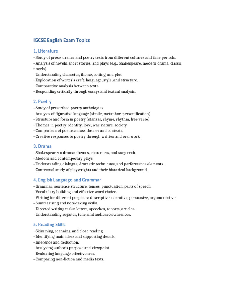 IGCSE English Exam Topics Overview | PDF