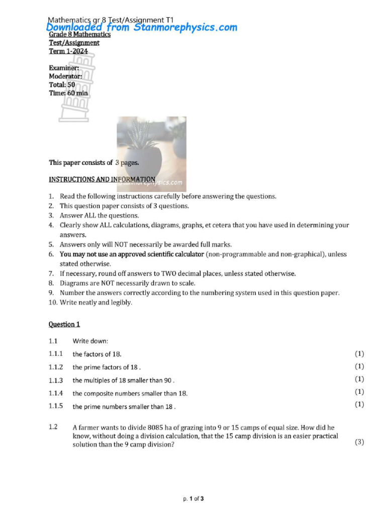 Maths Grade 8 ASSIGNMENT Term 1 2024 QP and Memo | PDF