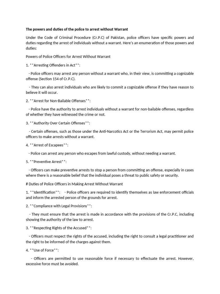 Police Powers for Warrantless Arrests in Pakistan | PDF | Arrest ...