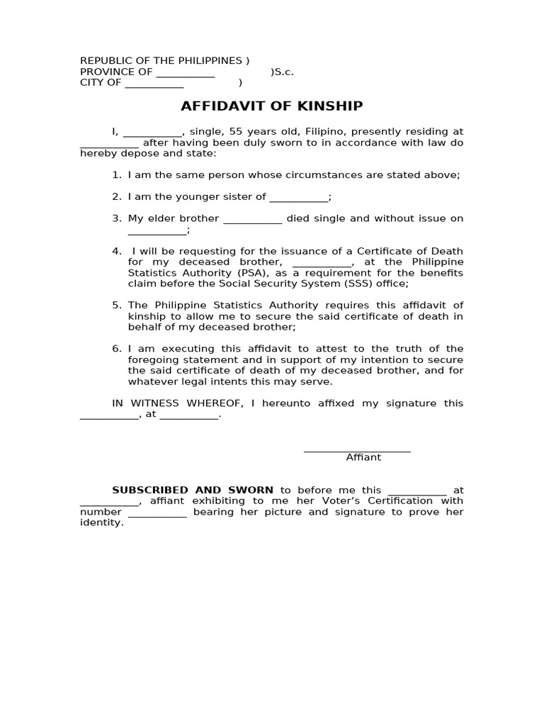 Affidavit of Kinship for Death Certificate | PDF