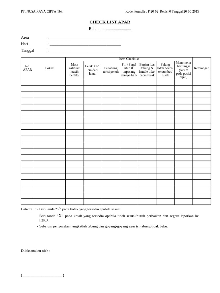 Checklist APAR Bulanan PT. Nusa Raya Cipta | PDF