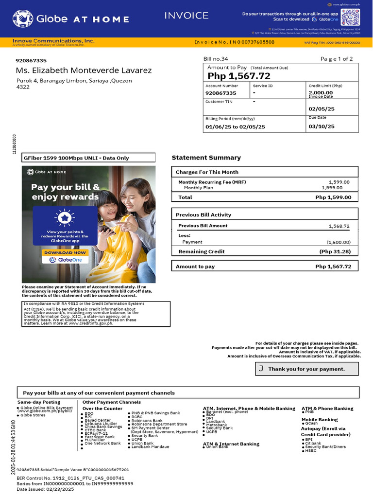 GFiber 100Mbps Bill Summary | PDF | Value Added Tax | Banks