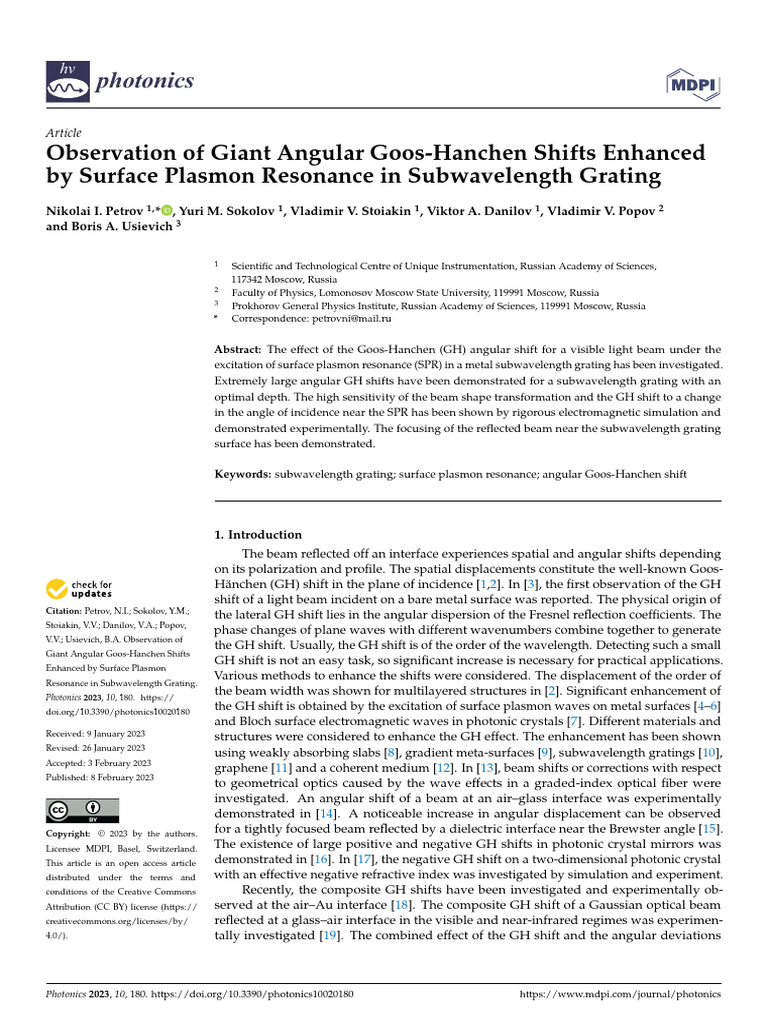 Enhanced Goos-Hanchen Shifts via SPR | PDF | Surface Plasmon Resonance ...