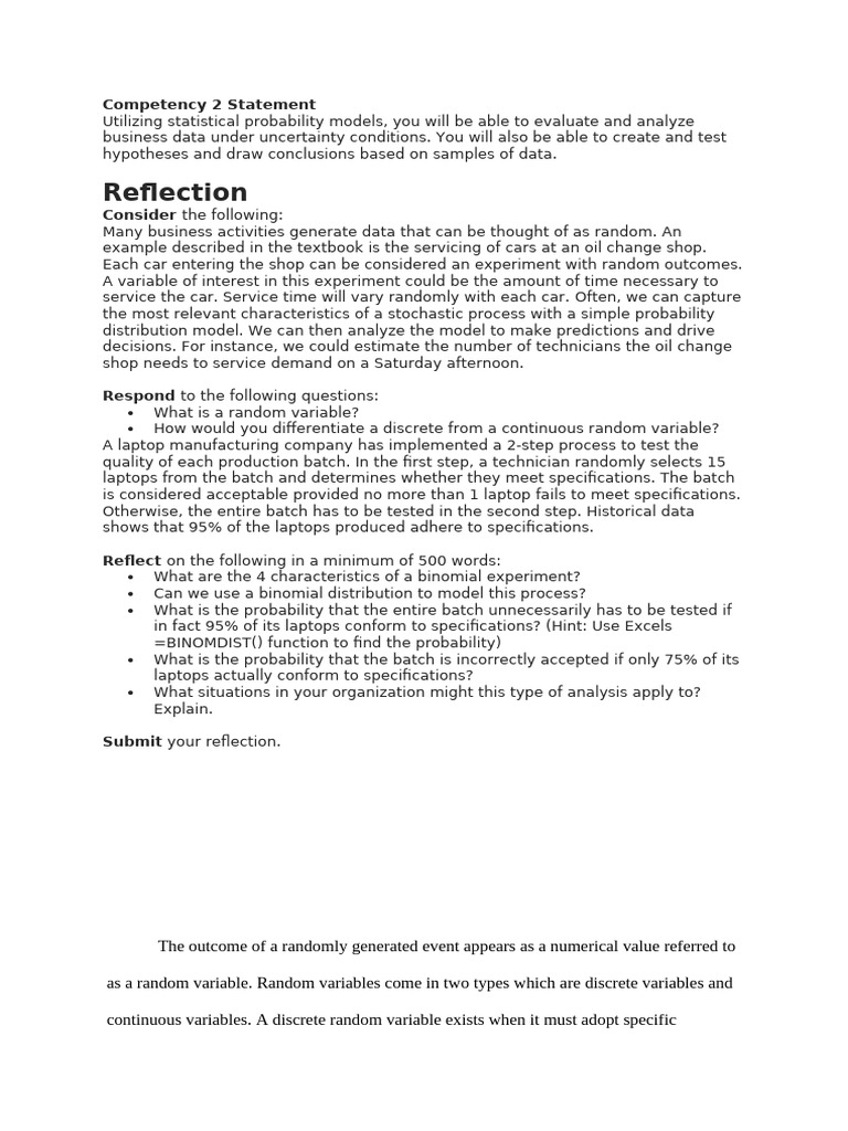 DATCB565 Competency 2 Reflection | PDF | Probability Distribution | Experiment