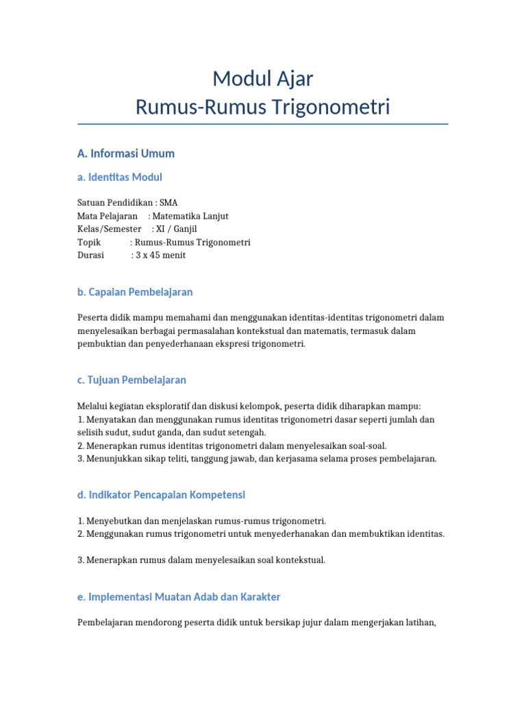 Modul Ajar Rumus Trigonometri Kelas XI | PDF