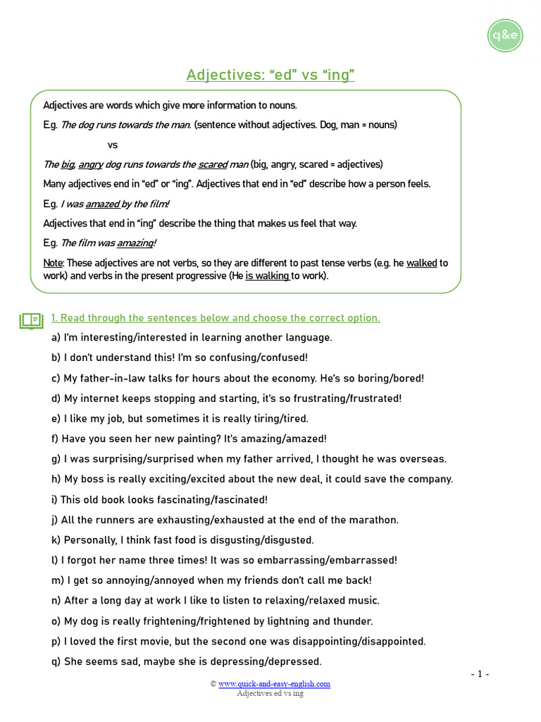 Adjectives Ed Vs Ing SV A2 | PDF | Adjective | Verb