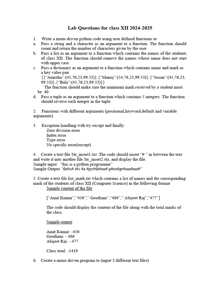 Python Lab Questions for Class XII 2024-25 | PDF | Parameter (Computer ...