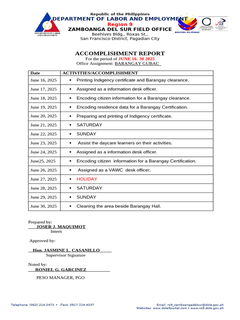 Accomplishment Report June1-15 | PDF | Philippines