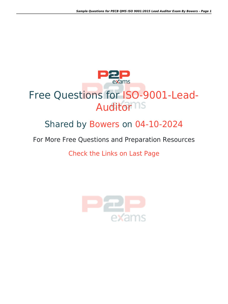 Sample Questions For Pecb Qms Iso 9001 2015 Lead Auditor Exam by Bowers | PDF | Audit | Quality ...