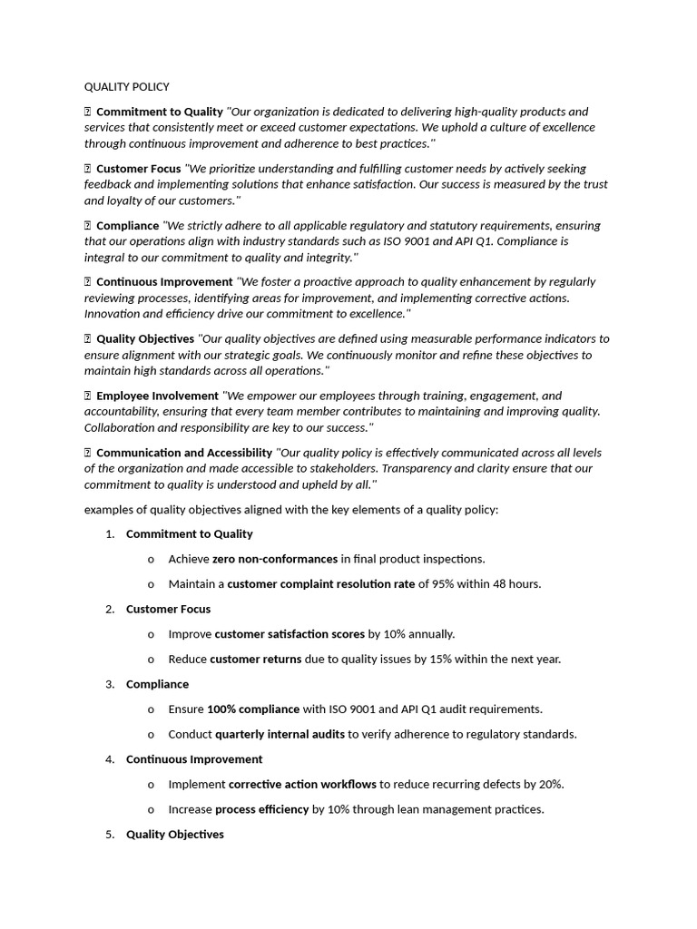 Quality Policy Statement Sample | PDF | Quality Management System ...