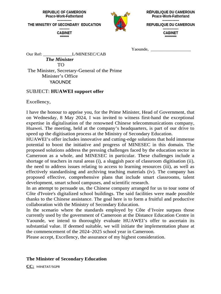 Lettre Primature Digitalisation Huawei ENG. | PDF