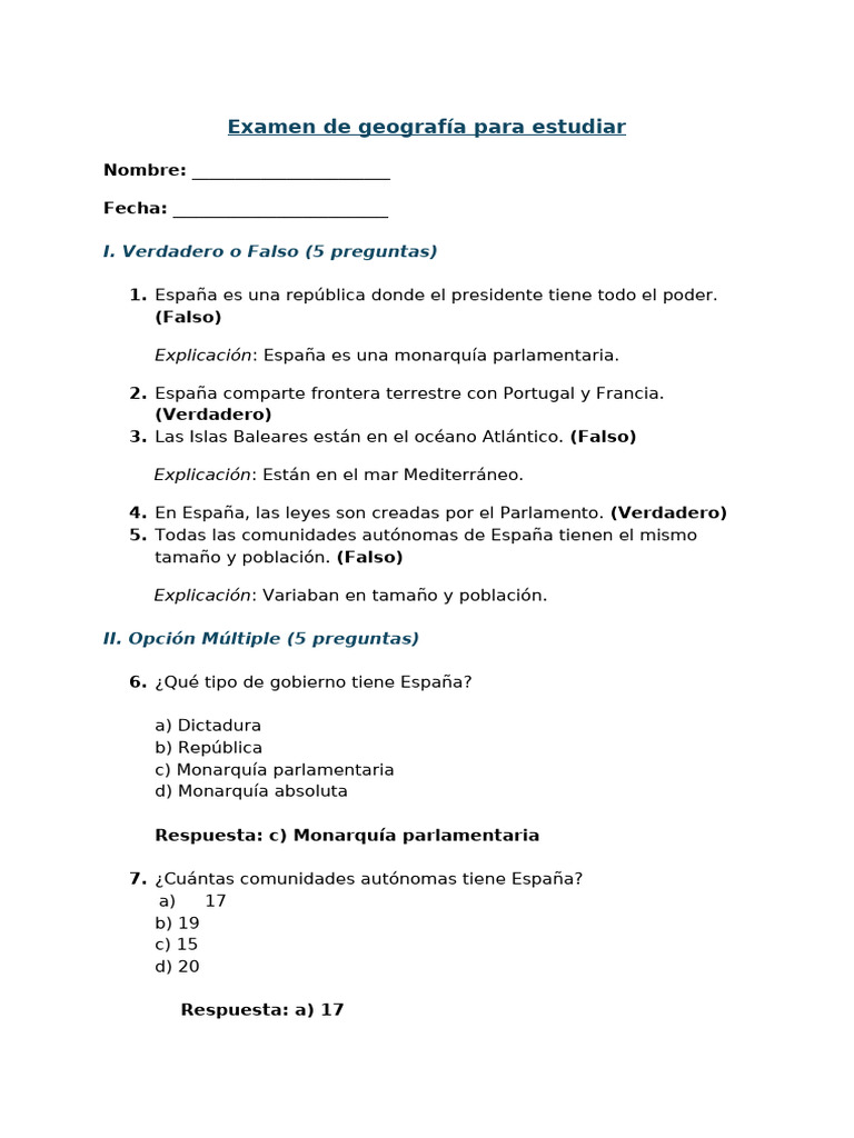 Examen de Geografía de España | PDF | España | Cataluña
