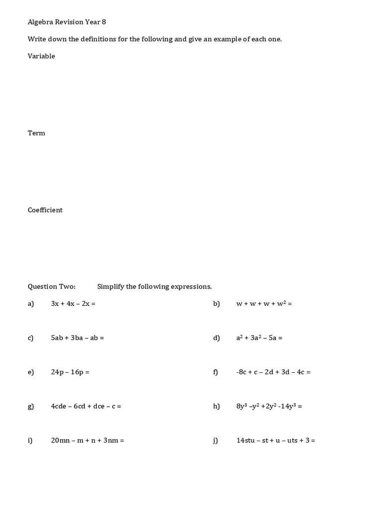 Year 8 Algebra Revision Guide | PDF | Mathematical Objects | Abstract ...