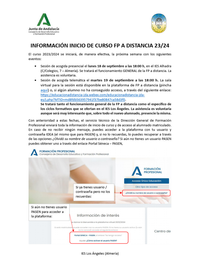 Informacion Inicio de Curso FP A Distancia 23 | PDF