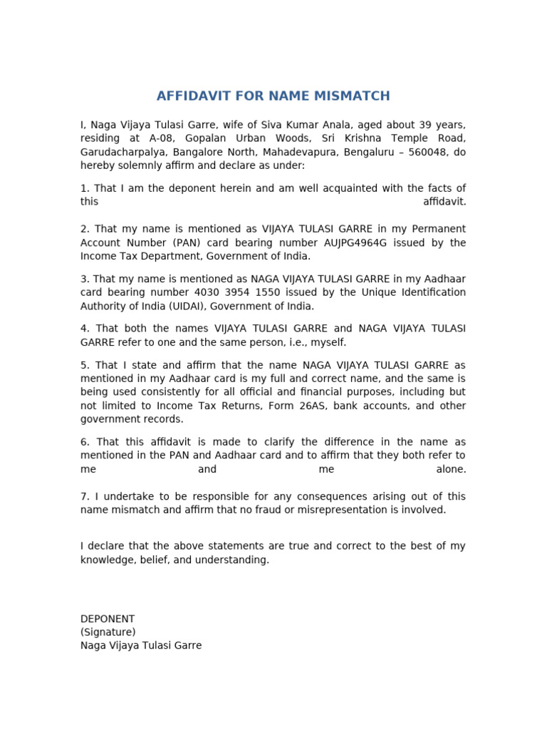 Name Mismatch Affidavit | PDF