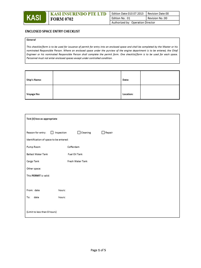 Enclosed Space Entry Checklist Form | PDF | Occupational Safety And Health